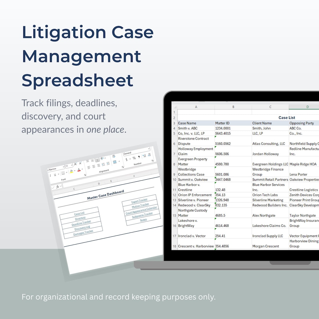 Litigation Case Management Spreadsheet | Legal Case Tracker, Deadlines ...