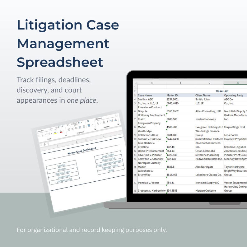 Litigation Case Management Spreadsheet | Legal Case Tracker, Deadlines ...