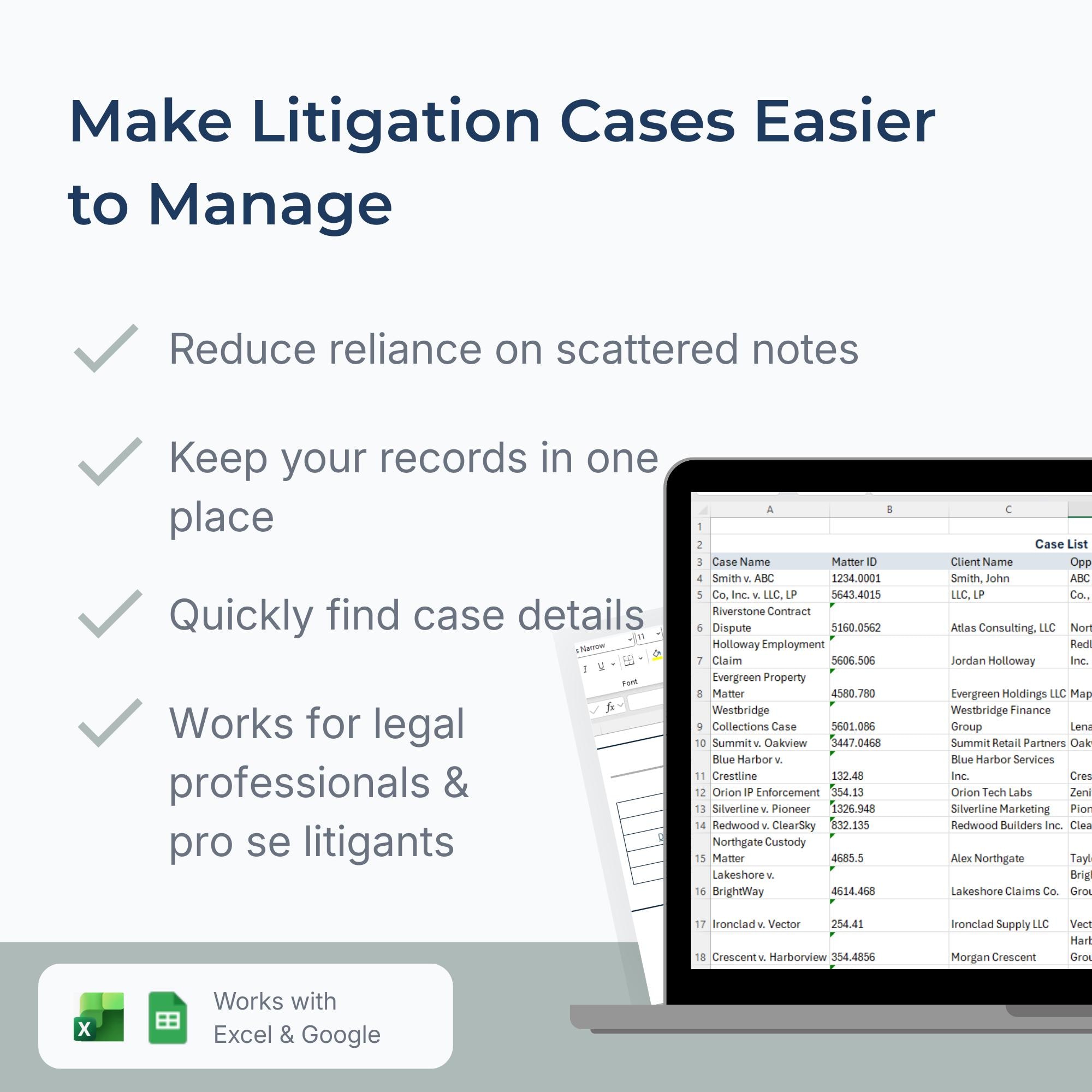 Litigation Case Management Spreadsheet | Legal Case Tracker, Deadlines ...