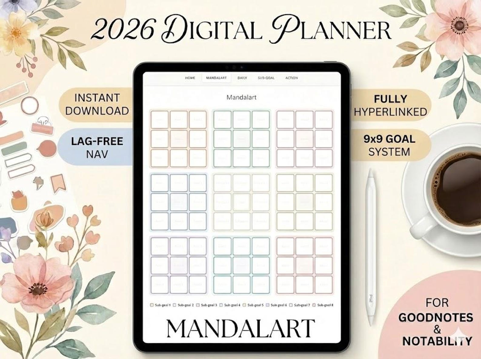 2026 Mandalart Goal Planner | Interactive PDF for a Calm & Intentional ...