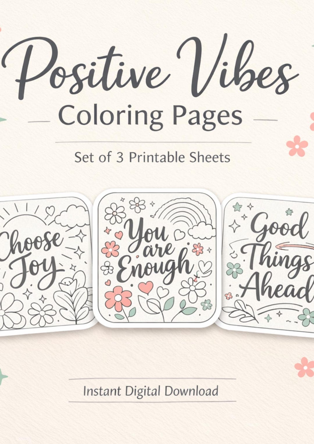 Positive Vibes Coloring Pages – Set of 3 Printable Coloring Sheets ...