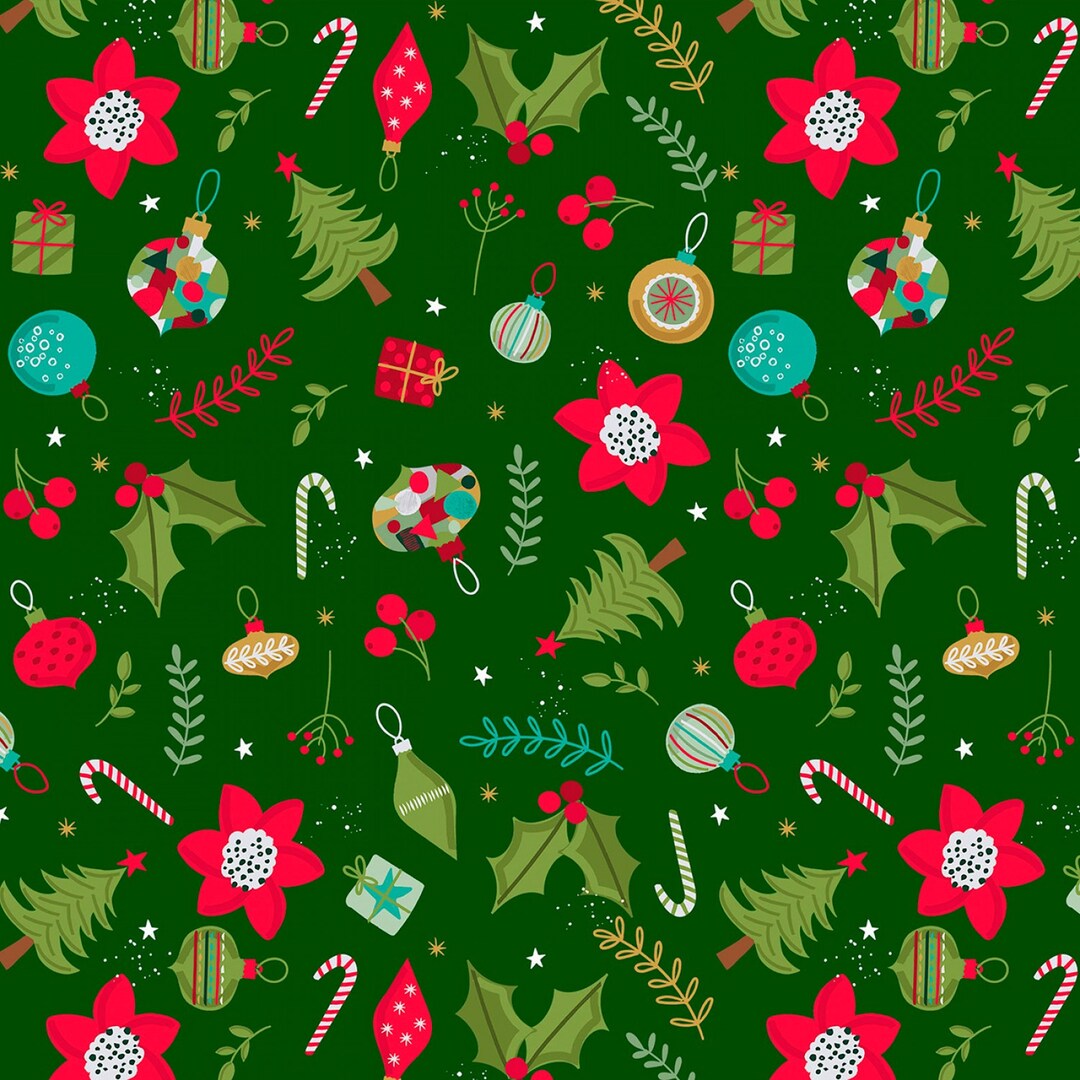 Green Christmas Cotton Fabric, Holiday Ornaments Print-bty - Etsy