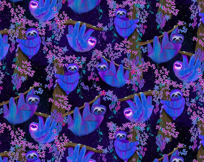 Purple Moonlit Glow Sloths # CD1489-Purple From Timeless Treasures ...