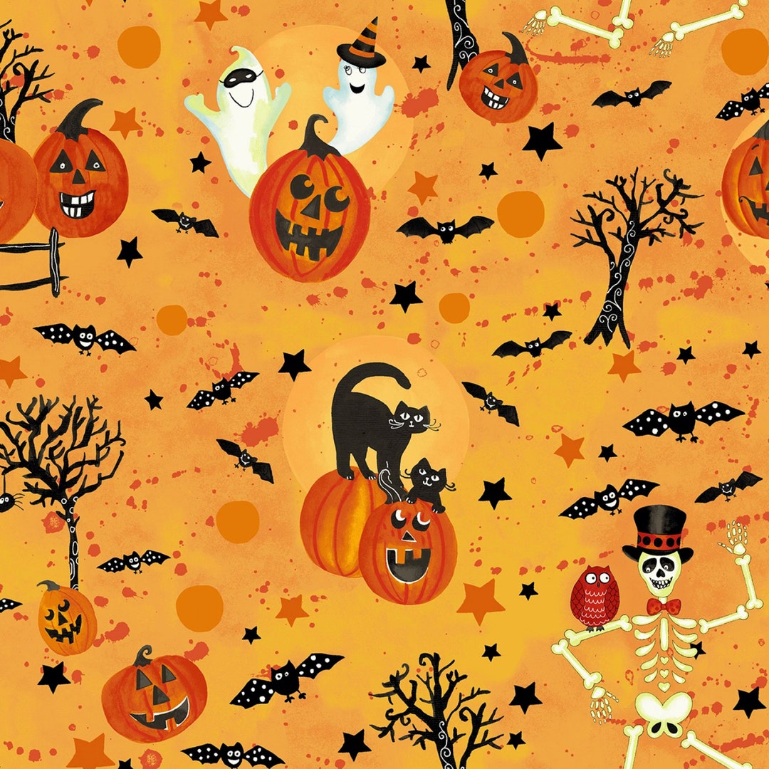 Light Orange Toile Halloween # Y2965-35 Cats and Pumpkins- 100% Cotton ...