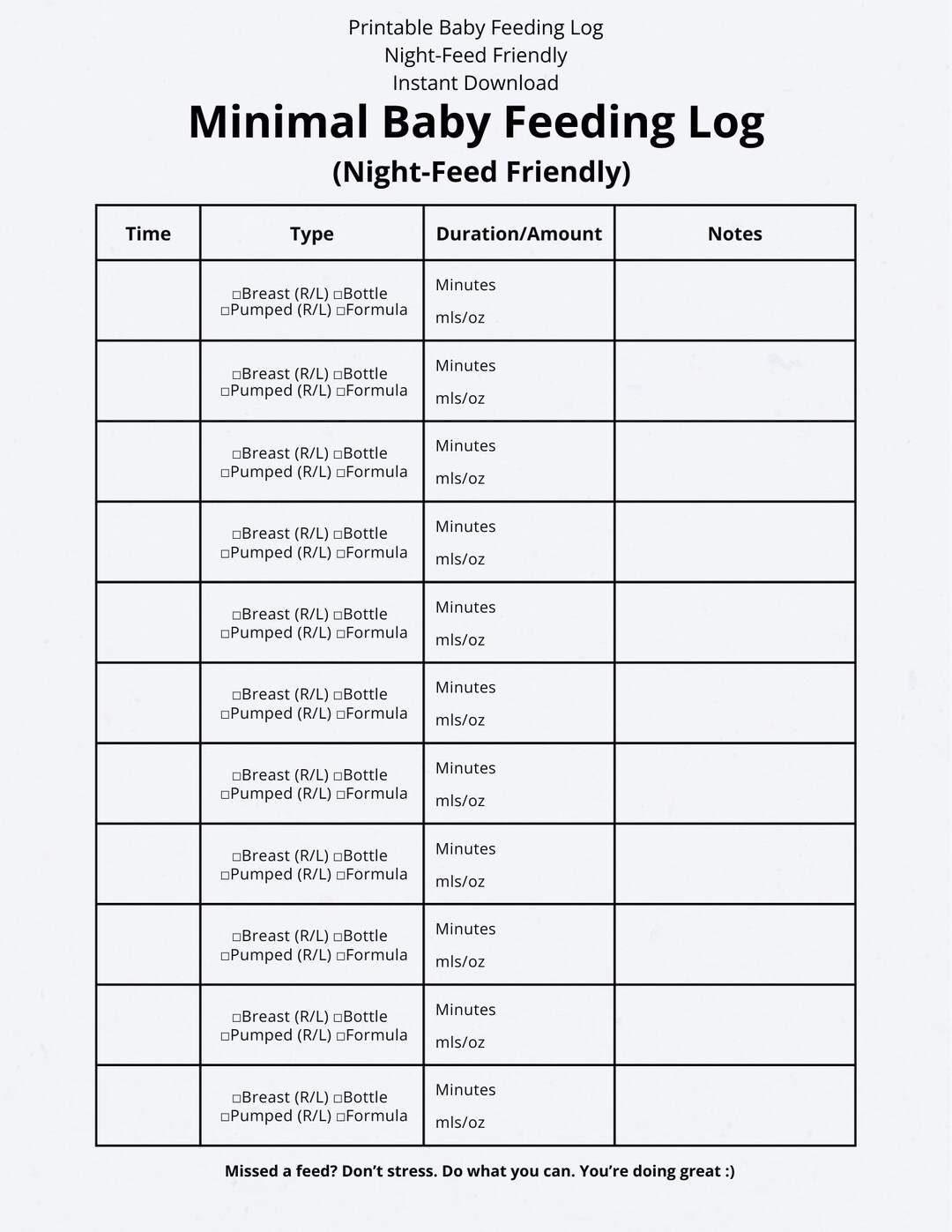 Minimal Baby Feeding Log Printable – Night Feed Friendly Newborn ...