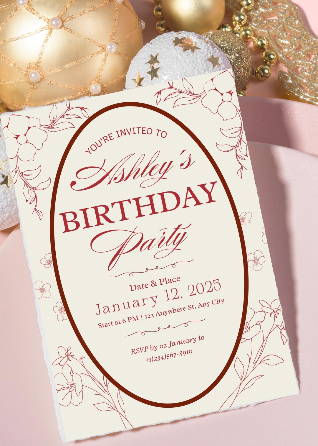 Burgundy & Beige Elegant Neutral Birthday Party Invitation - Etsy