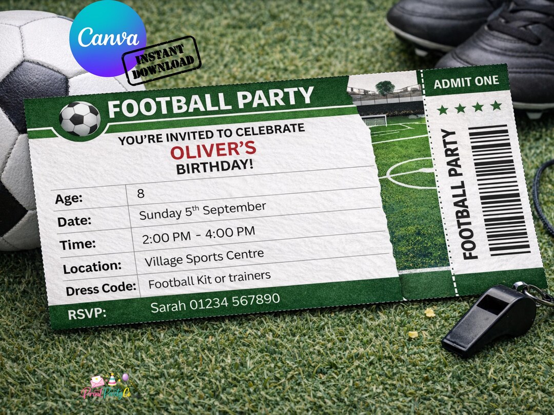 Football Party Ticket Invitation Template | Editable Canva Birthday ...