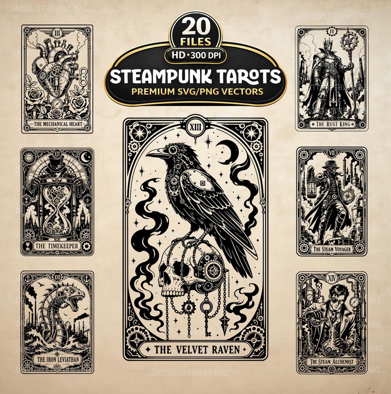 Steampunk Tarot SVG PNG Bundle, 20 Victorian Clockwork Clipart, Tarot ...