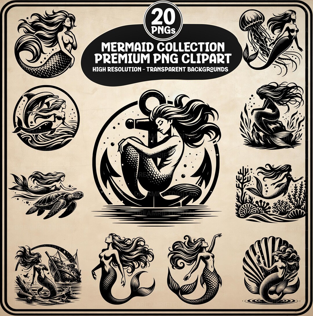 Classic Mermaid SVG PNG Bundle, 20 Ocean Inspired Vector Clipart, for ...