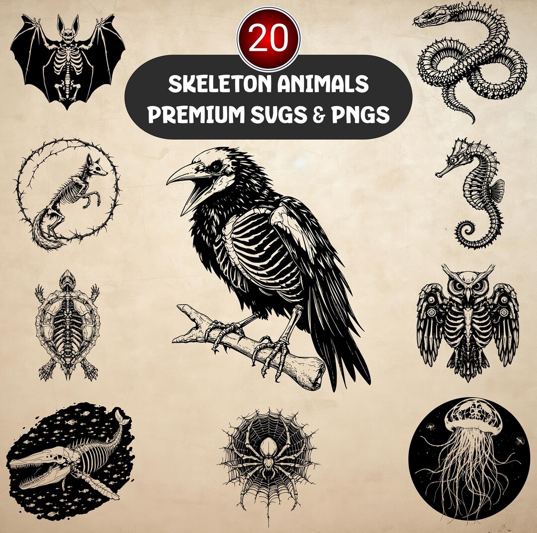Skeleton Animals SVG PNG Bundle | 20 Gothic Clipart | for Scrapbook ...