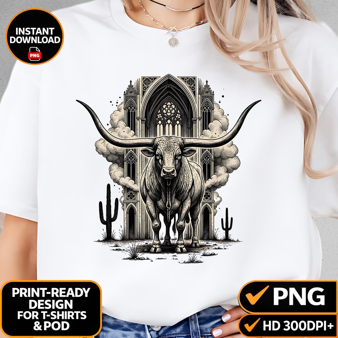Western Longhorn Bull PNG, Gothic Cathedral Design, Dark Desert Cowboy ...