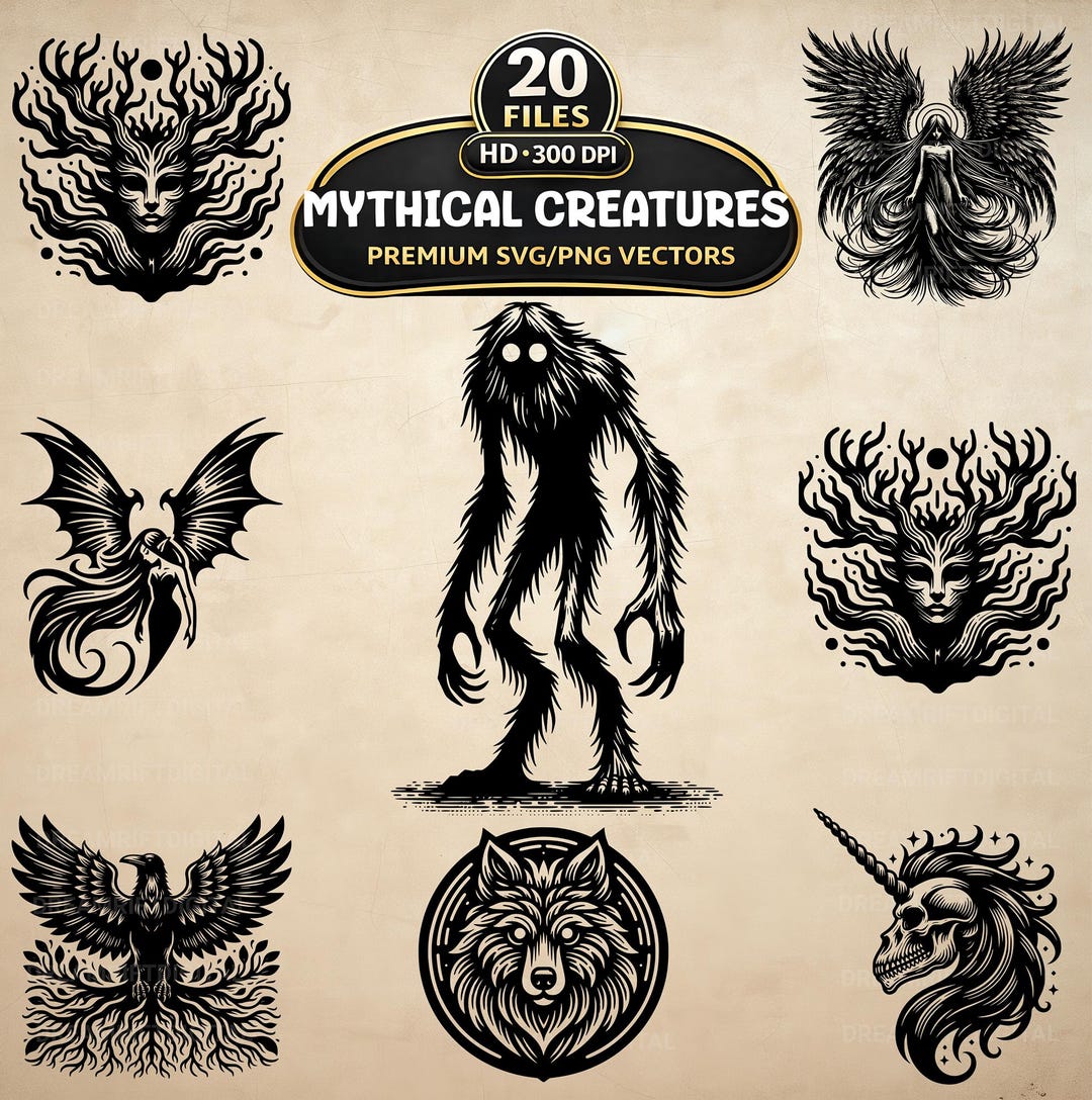 Dark Fantasy Mythical Creatures SVG PNG Bundle, 20 Monster Clipart ...