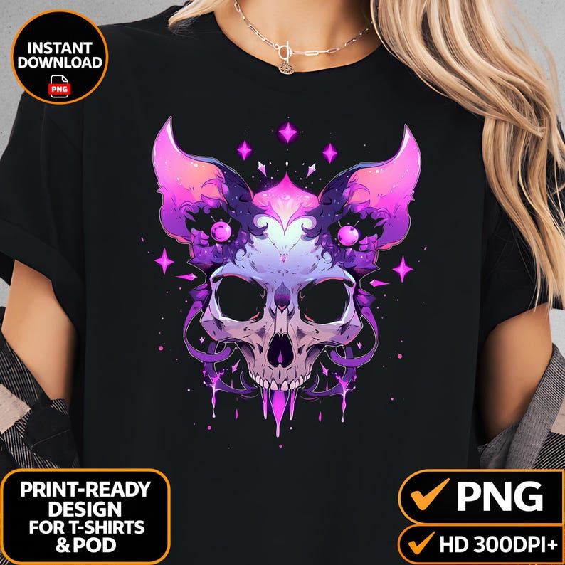 Neon Gothic Skull PNG T-shirt Design, Pastel Goth Cyberpunk Art, Bunny ...