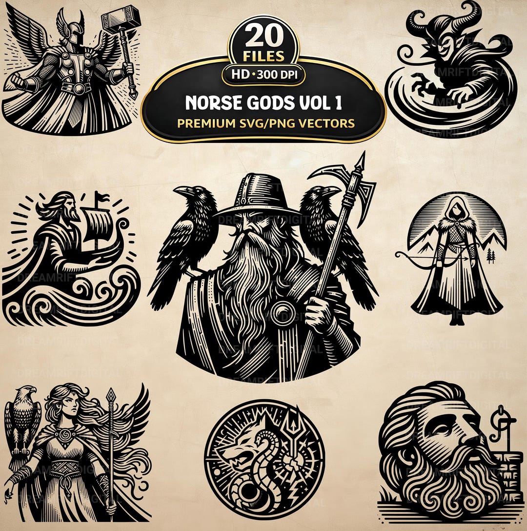 Norse Gods SVG PNG Bundle, 20 Viking Mythology, Nordic Fantasy Vector ...