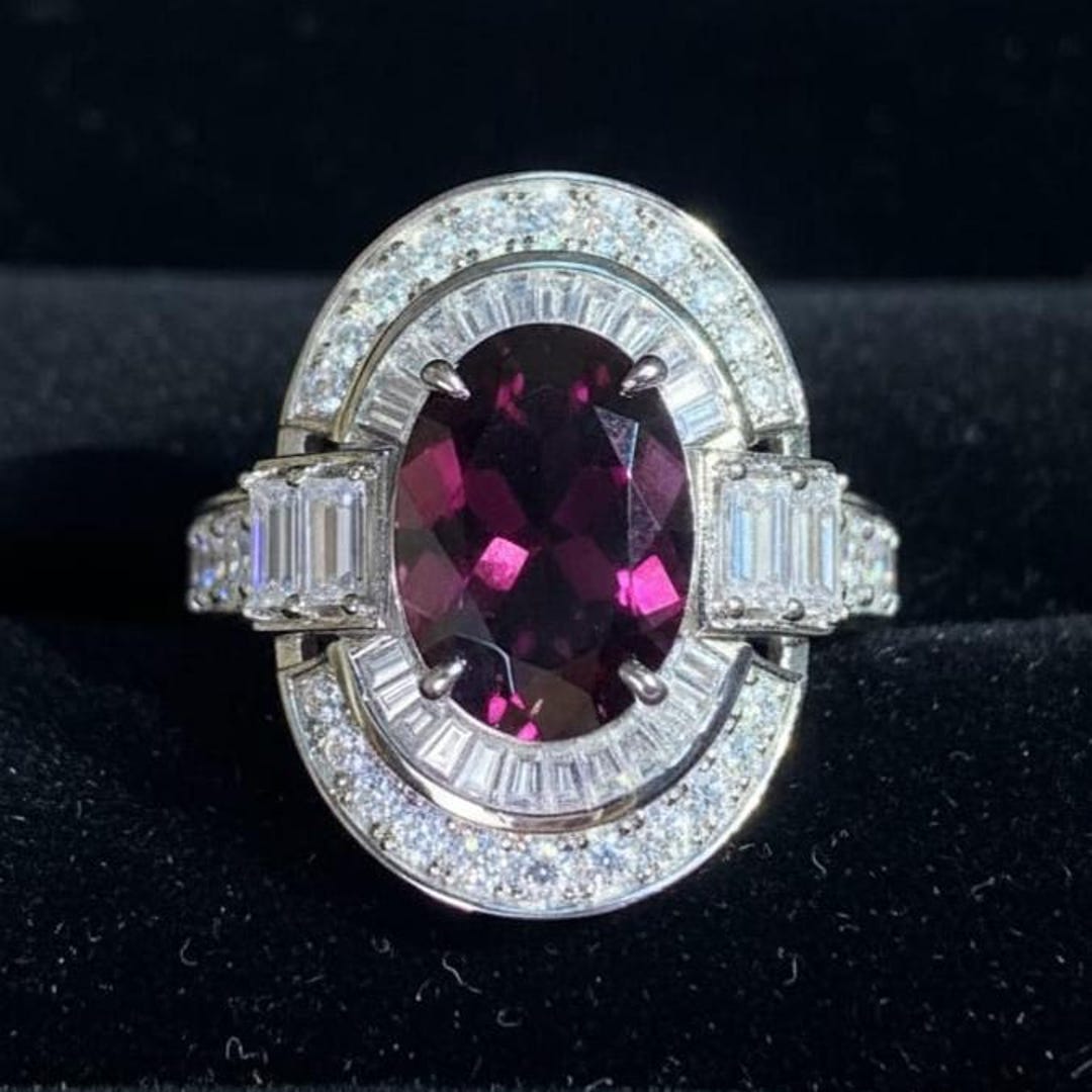 Oval Garnate Wadding Ring: Starling Silver Band With Moisanite Halo ...