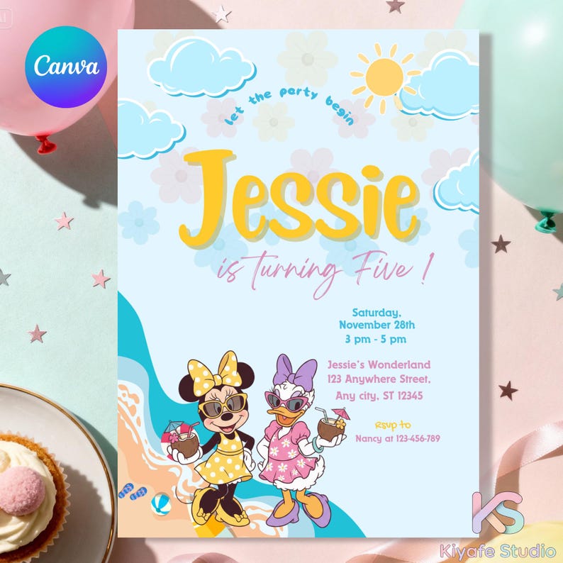 Kids Pool Party Invitation, Summer Cartoon Characters, Birthday Digital ...