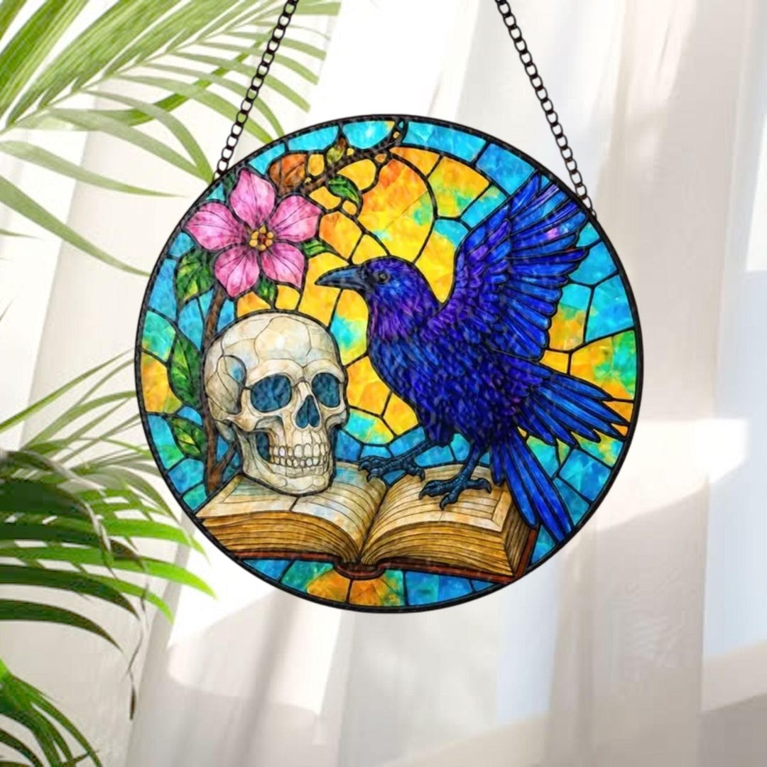 Gothic Raven Skull Stained Glass Suncatcher, Spooky Halloween Window ...