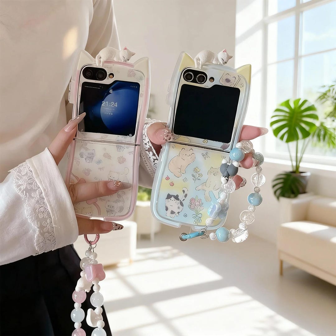 Cat Ear Z Flip Phone Case | Kawaii Bow & Chain - Etsy