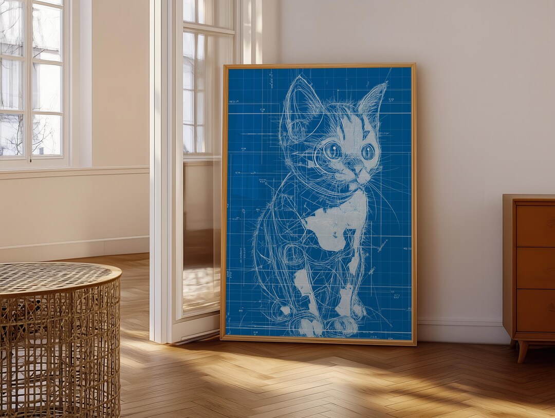 Feline Anatomy Blueprint Wall Art | Robotic Cat Illustration Print ...
