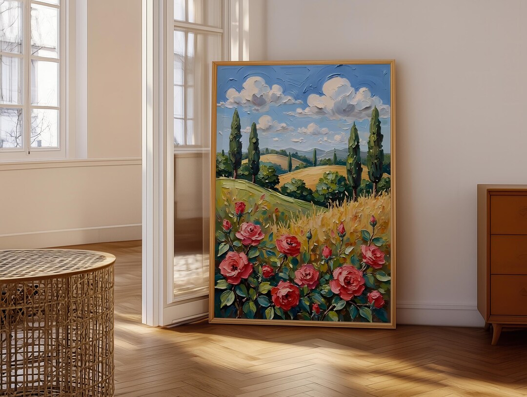 Romantic Tuscan Landscape Wall Art Print, Rose Garden Impasto Painting ...