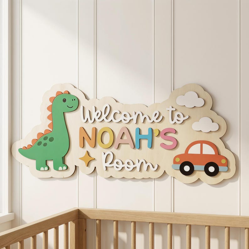 Custom Dinosaur Name Sign 3D Boys Room Decor, Wood Nursery Door Plaque ...