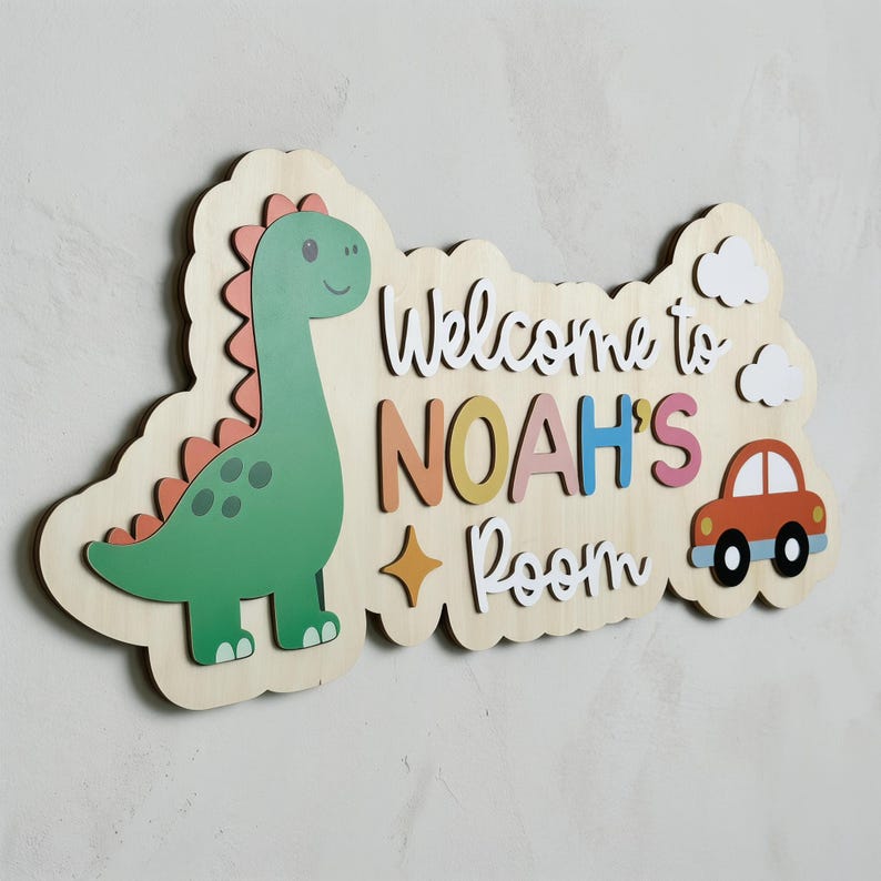 Custom Dinosaur Name Sign 3D Boys Room Decor, Wood Nursery Door Plaque ...