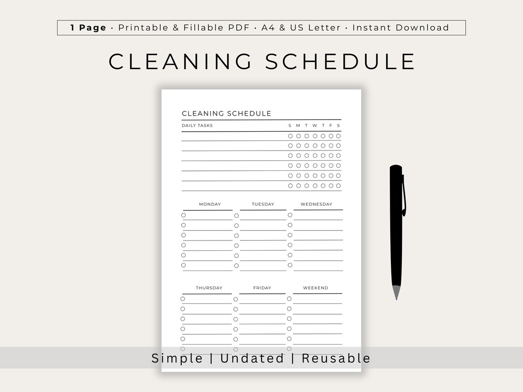 Weekly Cleaning Schedule Printable | Simple Cleaning Checklist ...