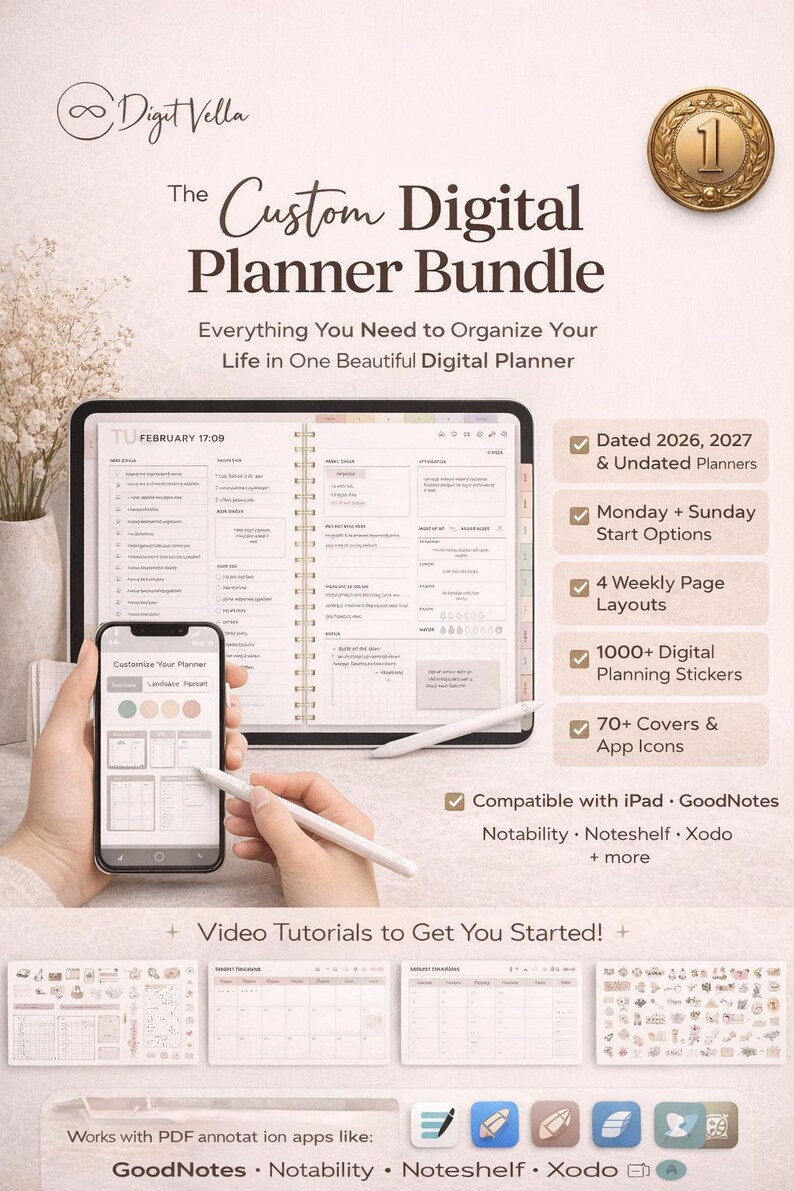 Custom Digital Planner Bundle 2026-2027 Undated | Hyperlinked Goodnotes ...
