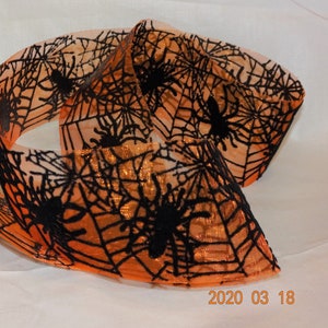2" Black Velvet Spider & Web on Sparkling Sheer Orange Organza Ribbon ...