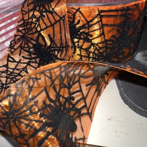 2" Black Velvet Spider & Web on Sparkling Sheer Orange Organza Ribbon ...
