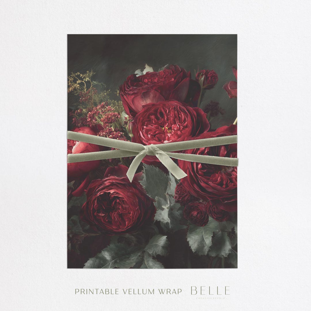 Dark Red Rose Floral Vellum Wrap, Romantic Wedding Invitation Overlay ...