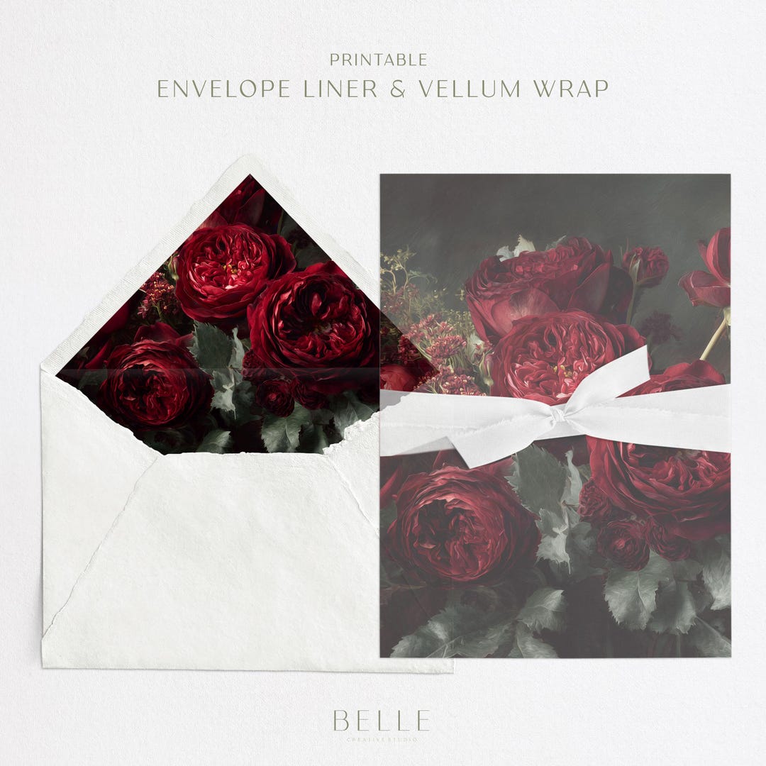 Red Rose Wedding Envelope Liner & Vellum Wrap | Printable Floral ...