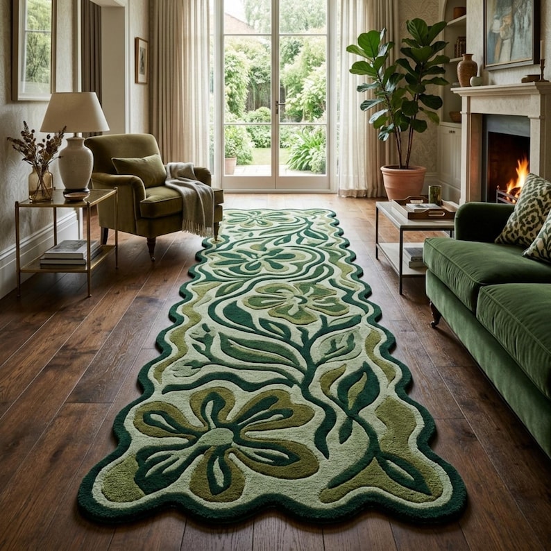 Green Floral Runner Rug, Hand Tufted Botanical Wool Rug, Scalloped Edge ...