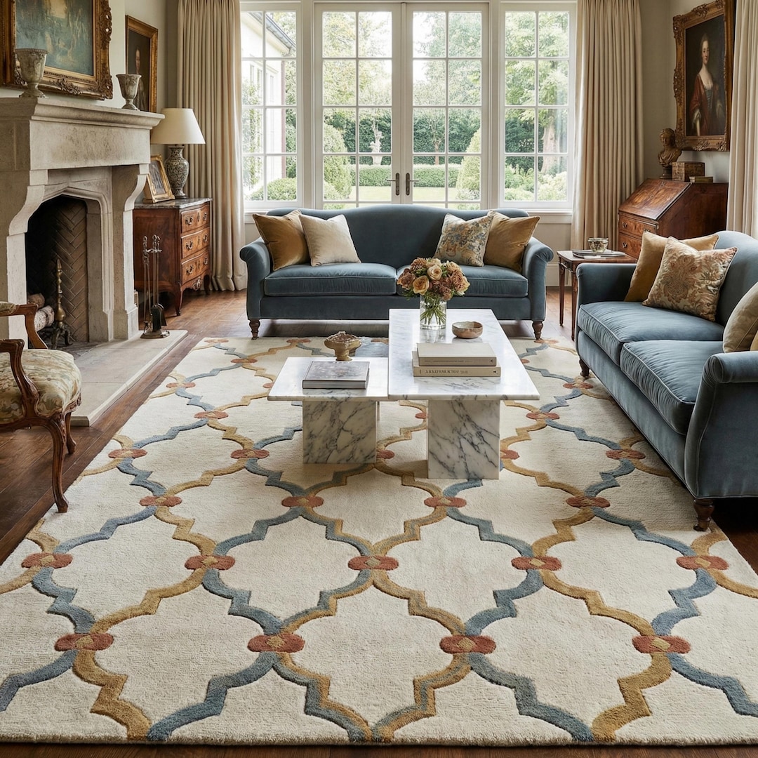 Elegant Cream Geometric Area Rug, Moroccan Trellis Pattern Carpet With ...