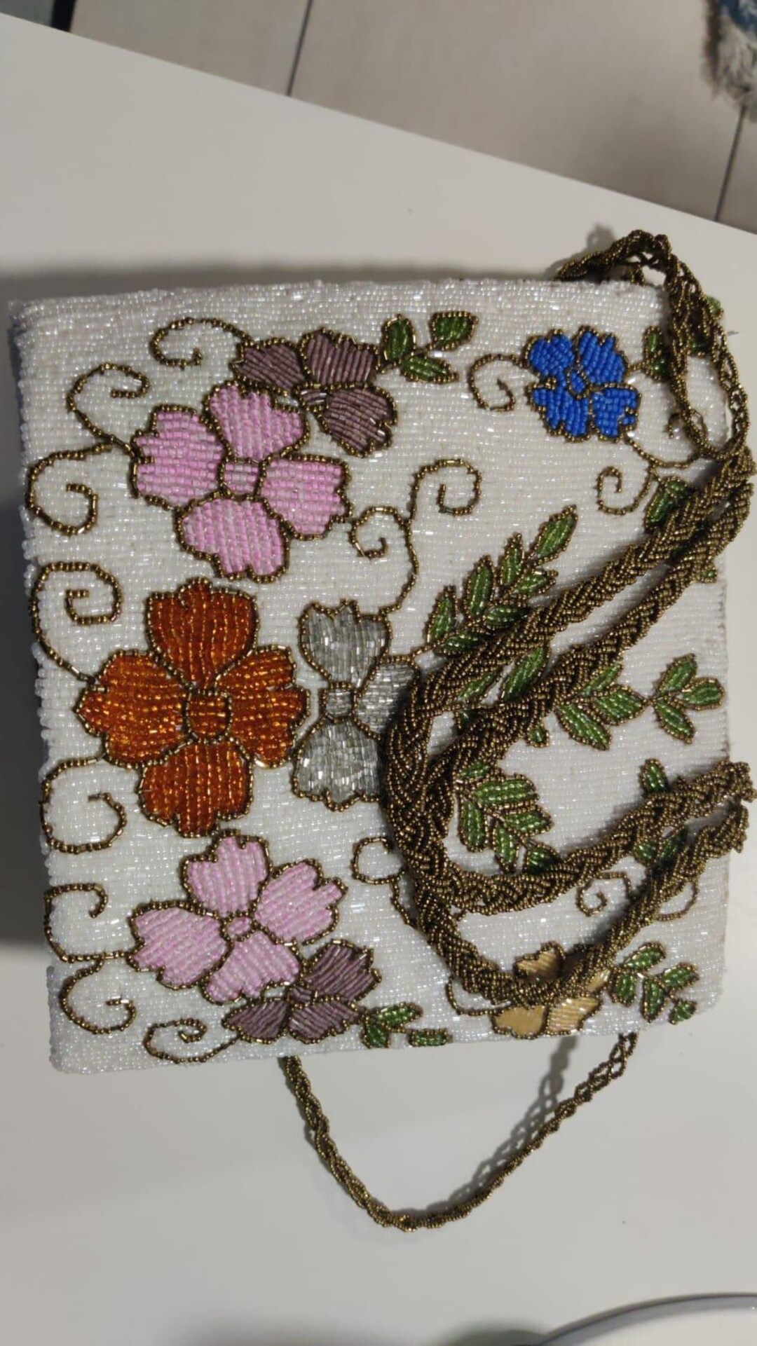 White Beaded Floral Evening Bag, Multicolor Beadwork Purse With Gold ...
