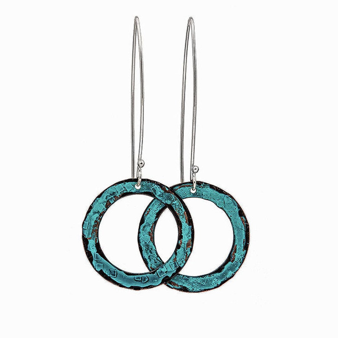 Rustic Earrings - Long Sterling Silver & Turquoise Patina Copper Drop ...