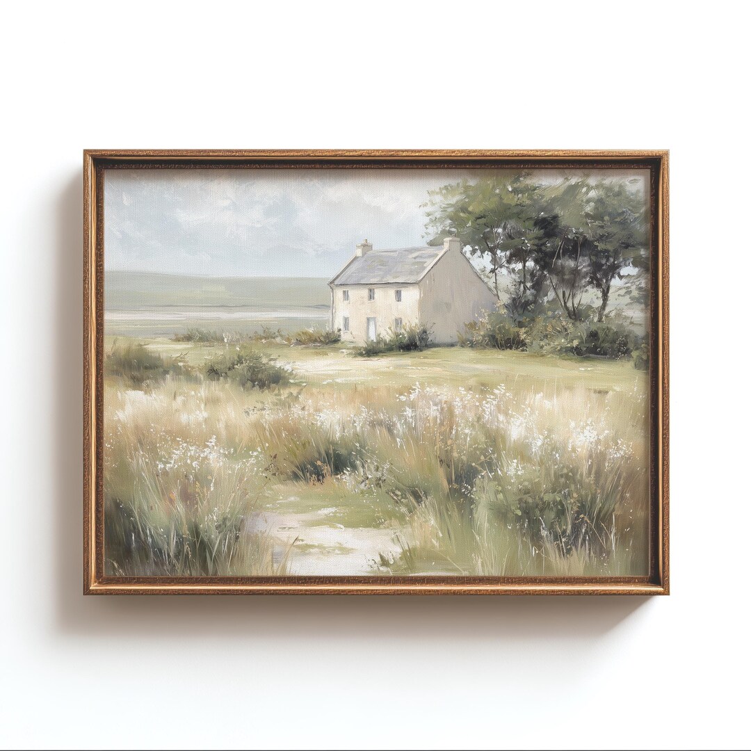 Printable Serene English Cottage Landscape - Minimal Country Meadow ...