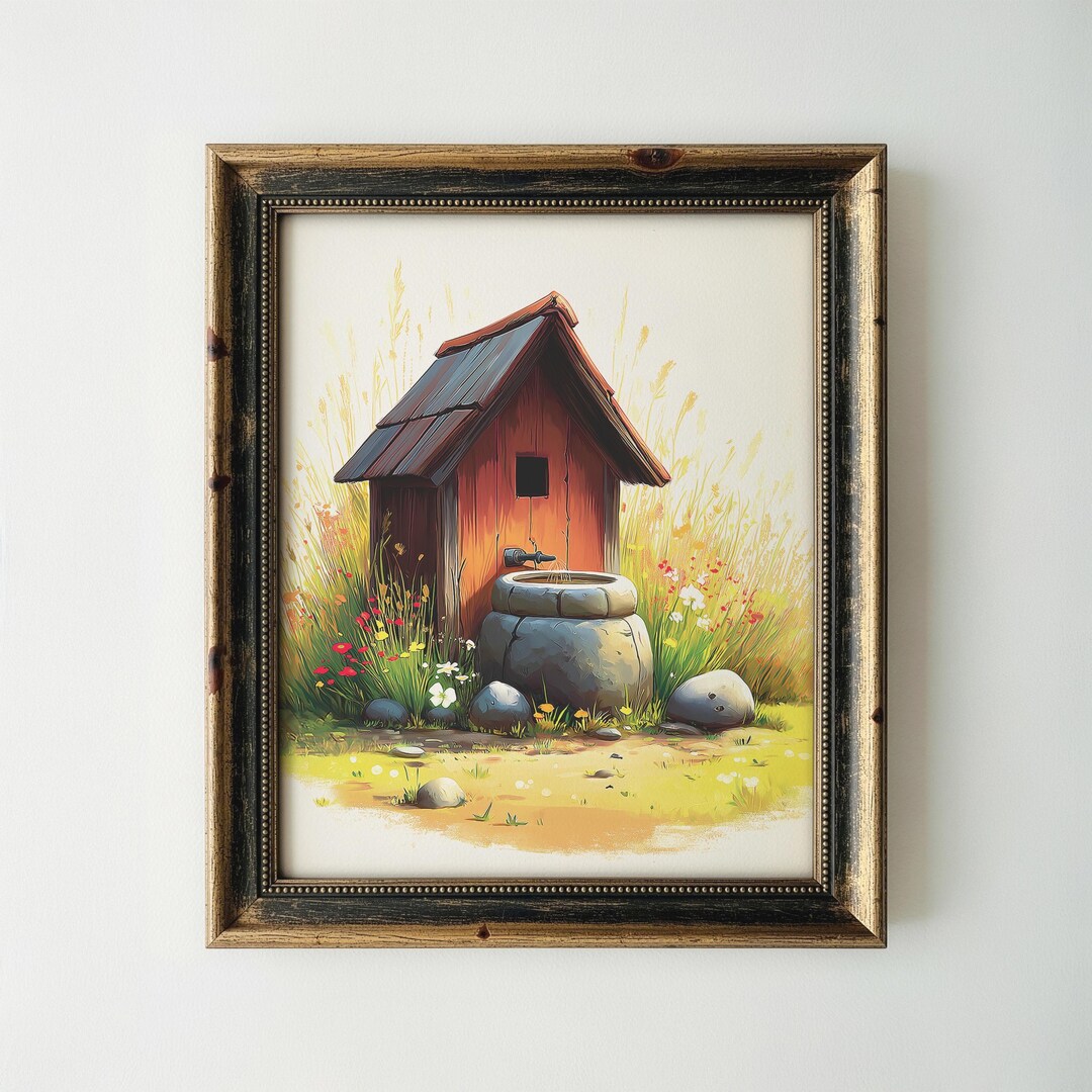 Cottagecore Rustic Stone Well & Wooden Shack - Warm Cozy Farmhouse Art ...