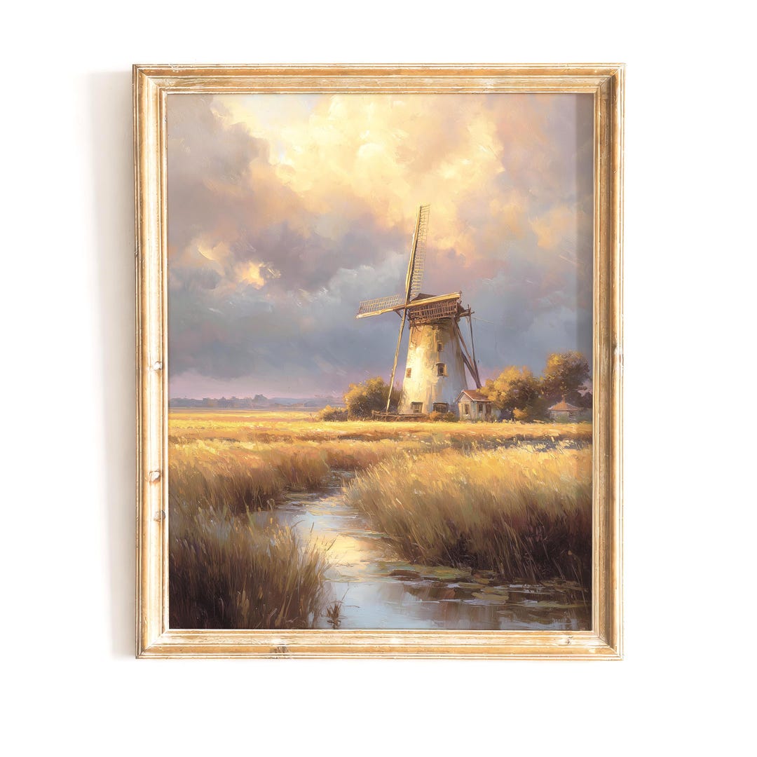 Rustic Dutch Windmill Printable Art, Vintage Pastoral Marsh Landscape ...