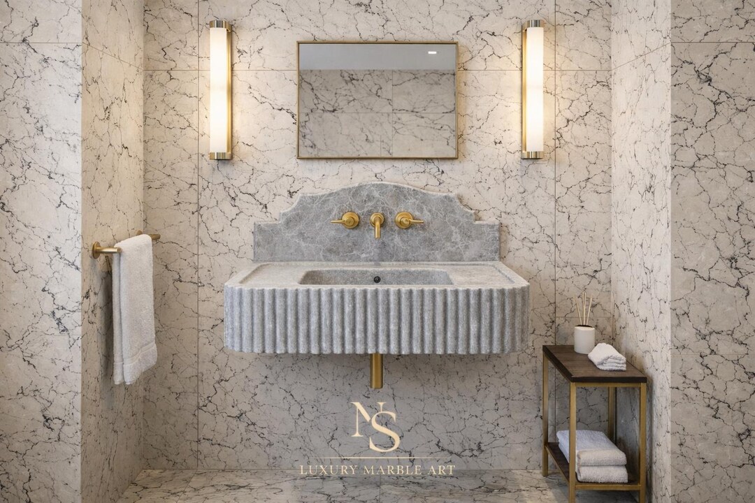 Aqua Luna Grey Custom Marble Sink With Backsplash | Hand-carved Wall ...