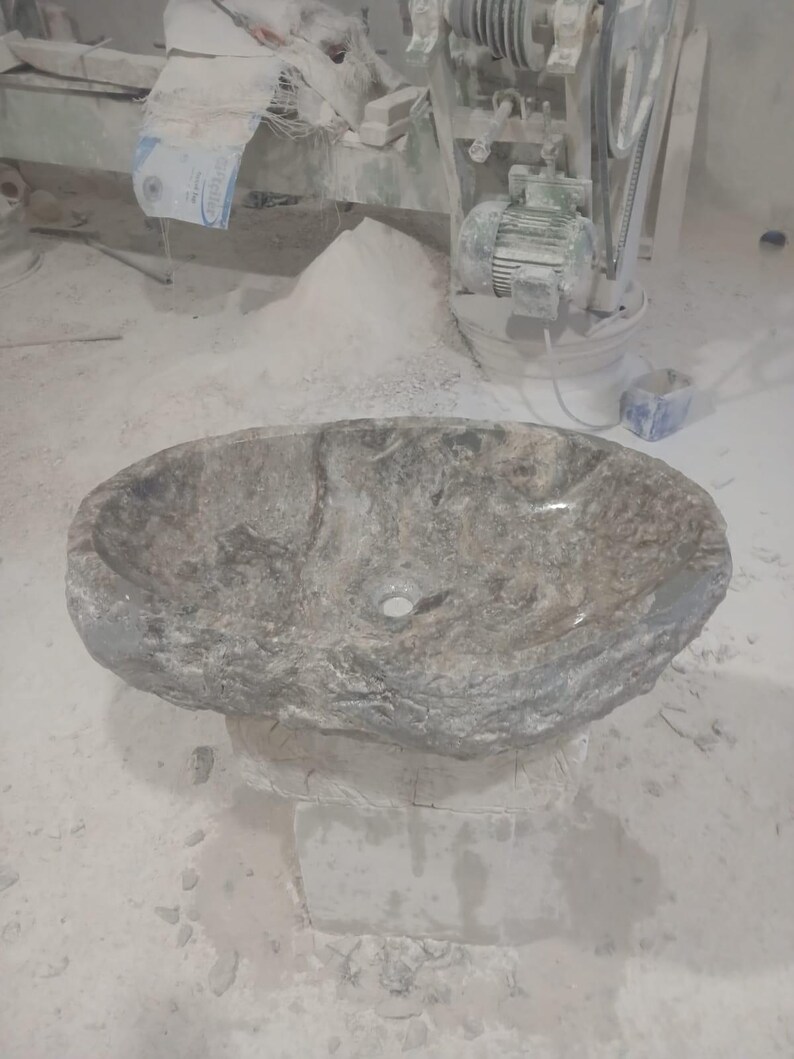 Tundra Grey Marble Vessel Sink | Hand-carved Boat-shaped Basin With ...