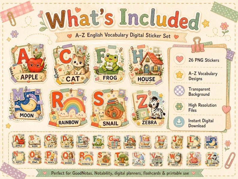 26 PNG A-Z Vocabulary Stickers, Alphabet Learning Pngs, Kids Homeschool ...