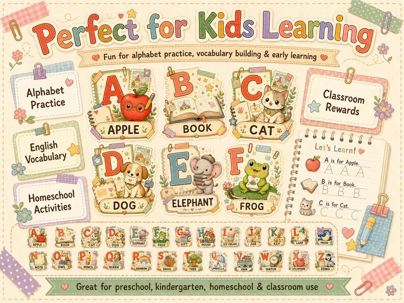 26 PNG A-Z Vocabulary Stickers, Alphabet Learning Pngs, Kids Homeschool ...
