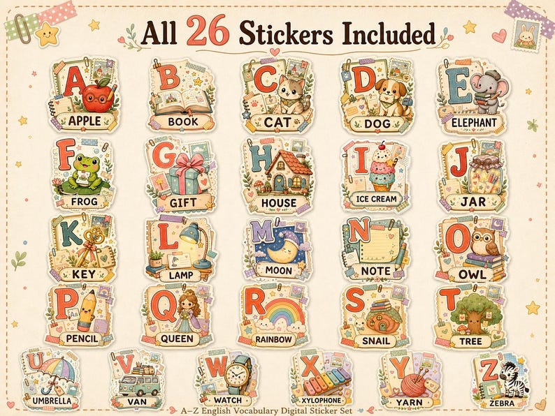 26 PNG A-Z Vocabulary Stickers, Alphabet Learning Pngs, Kids Homeschool ...