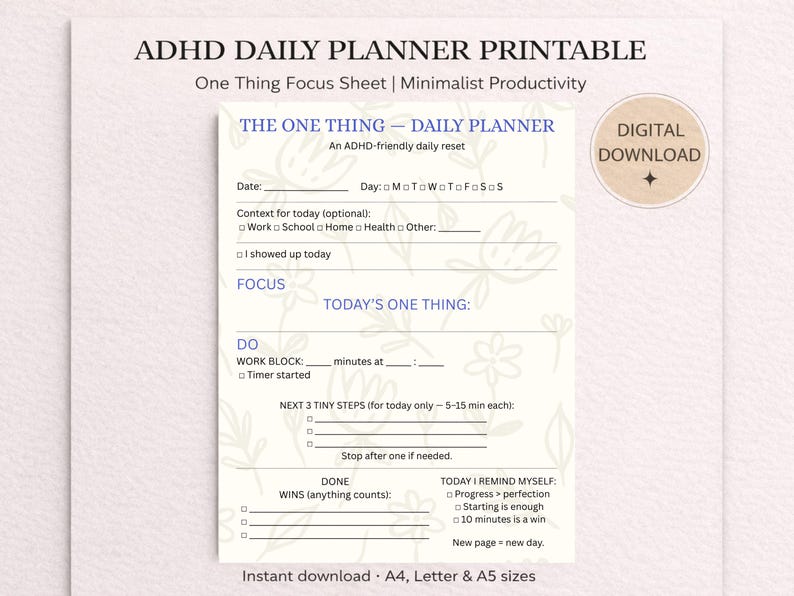 ADHD Daily Planner Printable Blue Floral One Thing Planner Minimalist ...