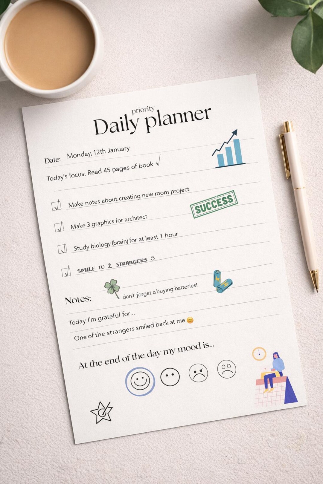 Minimalist Daily Priority Planner Printable PDF | Focus on One Goal, to ...