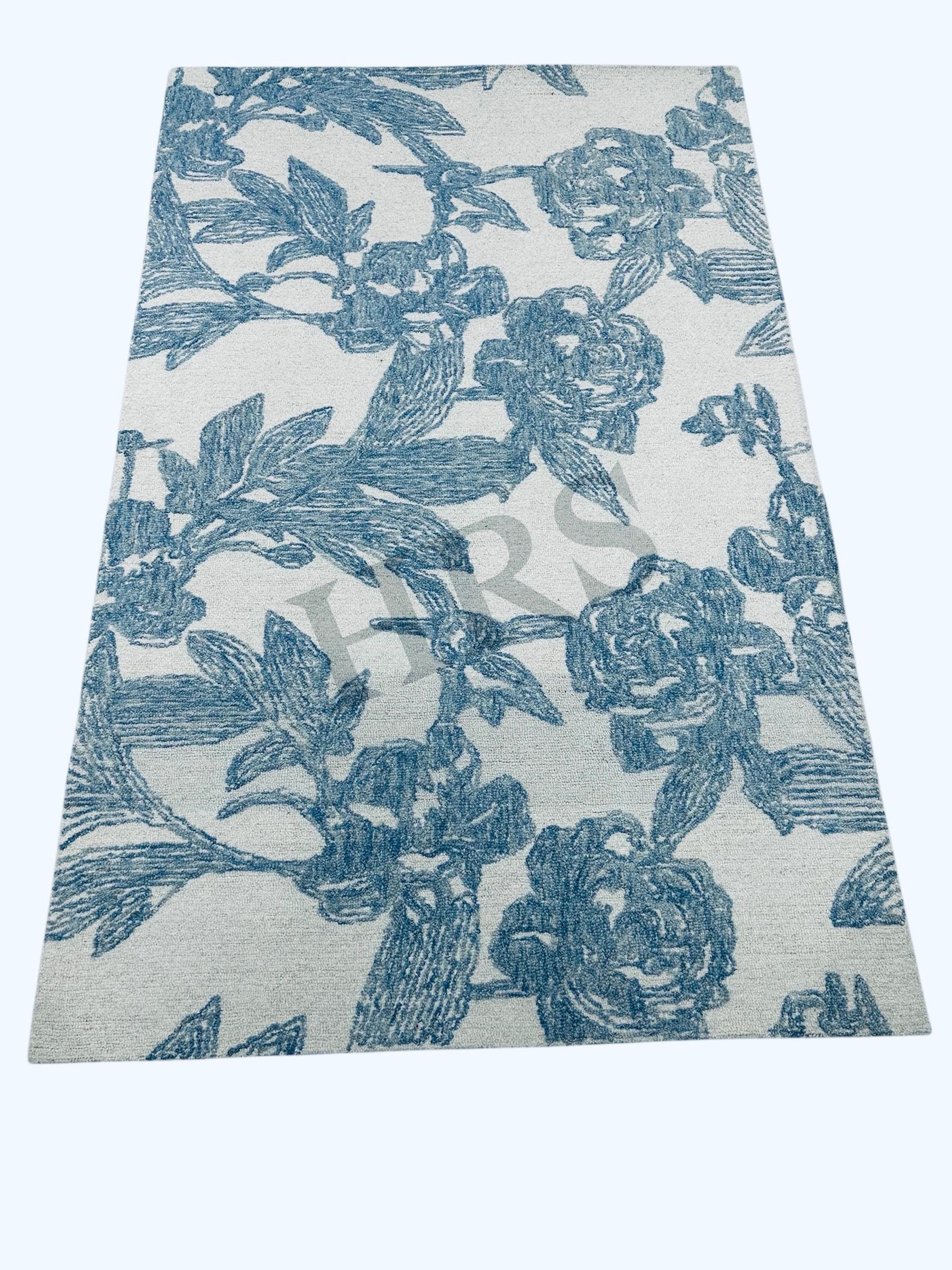 Hand Tufted Blue Floral Area Rug, Modern Botanical Wool Rug, Living ...