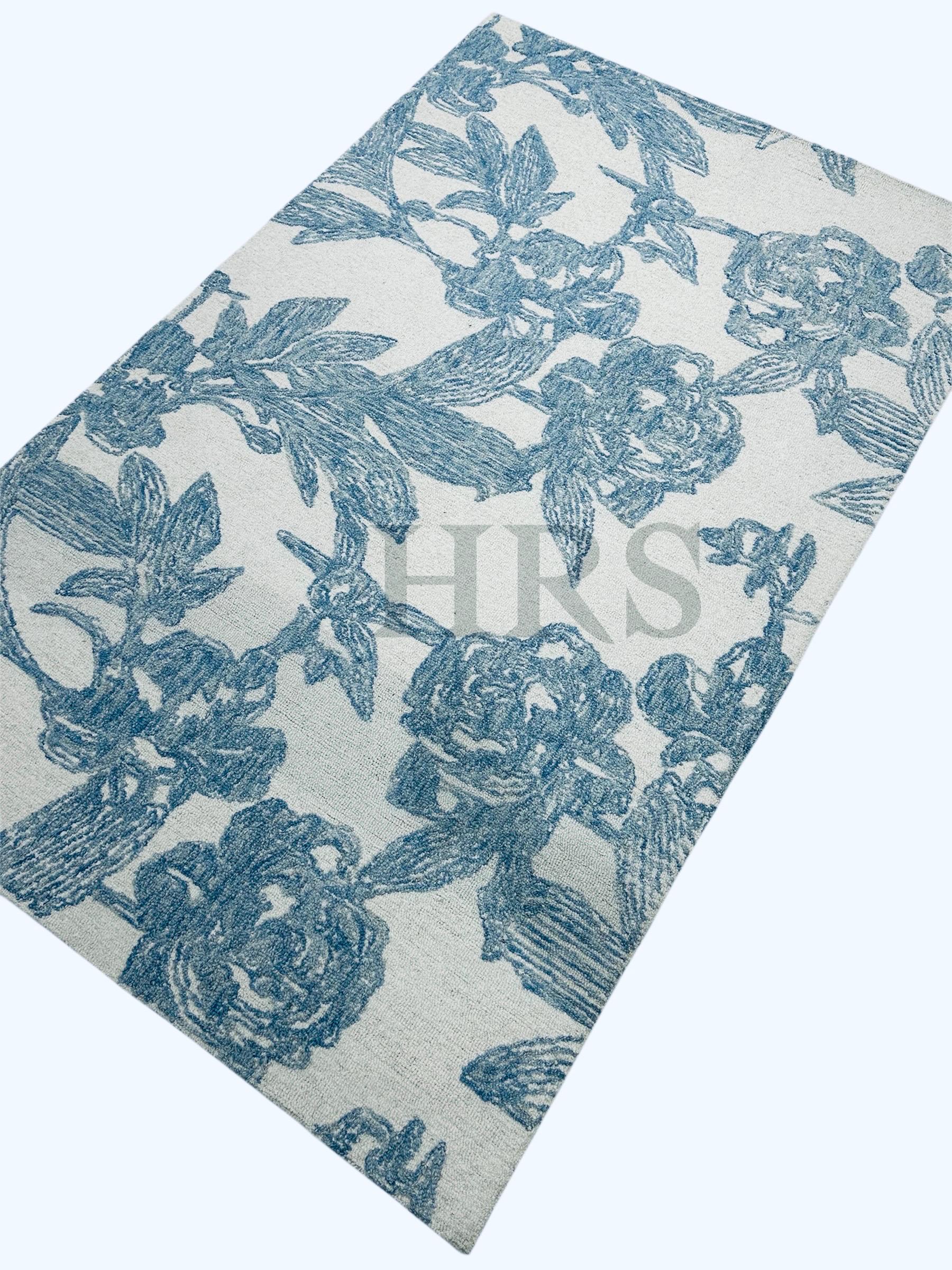Hand Tufted Blue Floral Area Rug, Modern Botanical Wool Rug, Living ...