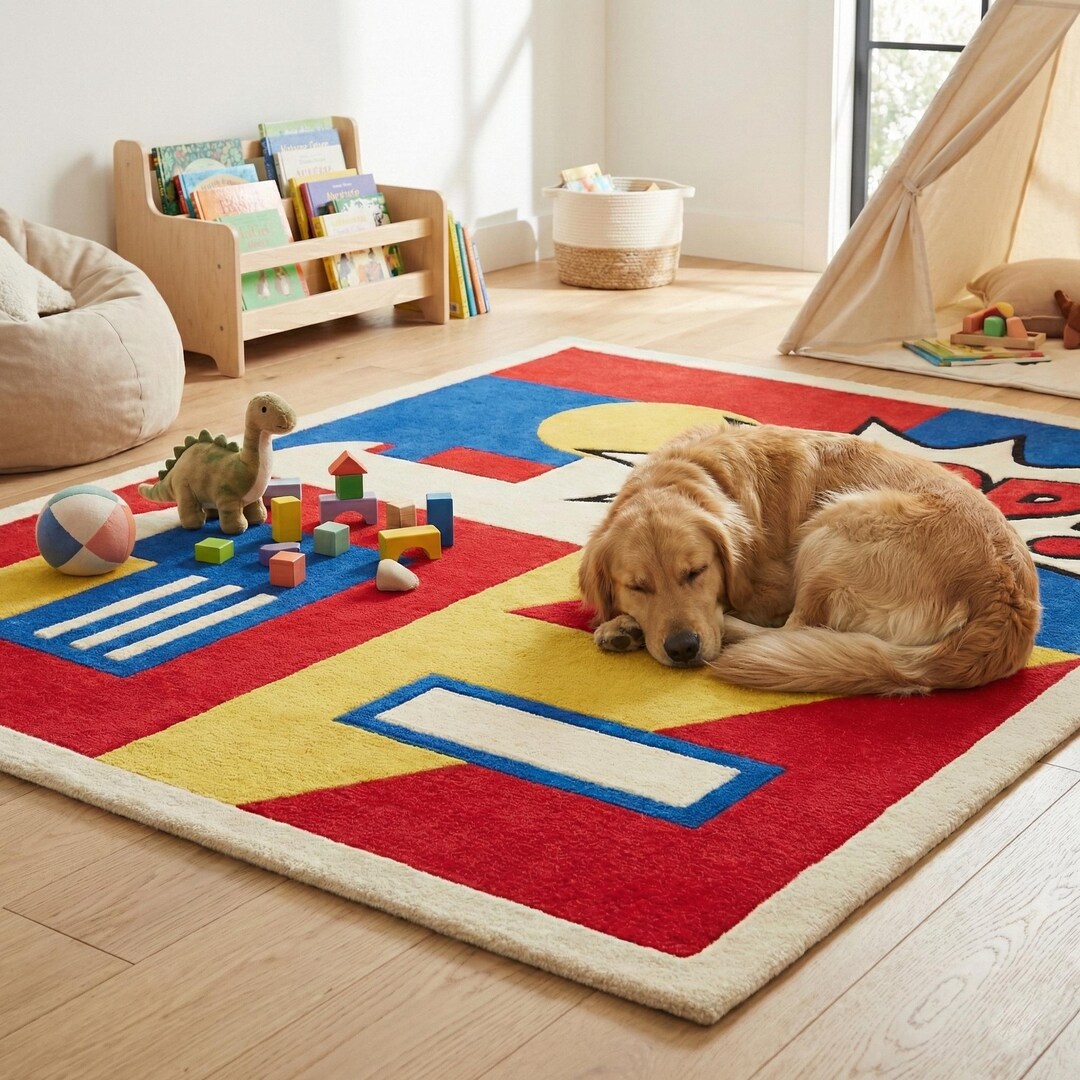 Pop Art Color Block Graphic Rug for Kids Room, Handmade Housewarming ...