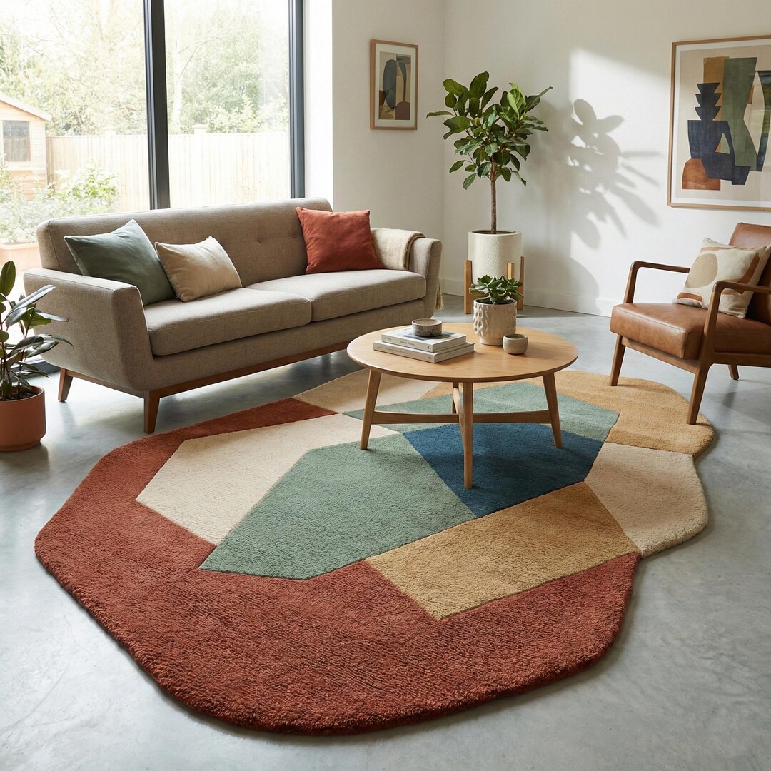 Luxury Earth Tone Geometric Wool Rug, Modern Irregular Octagon Abstract ...